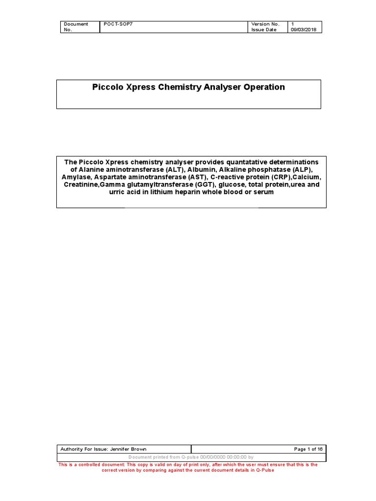 Piccolo Xpress Chemistry Analyser SOP | PDF
