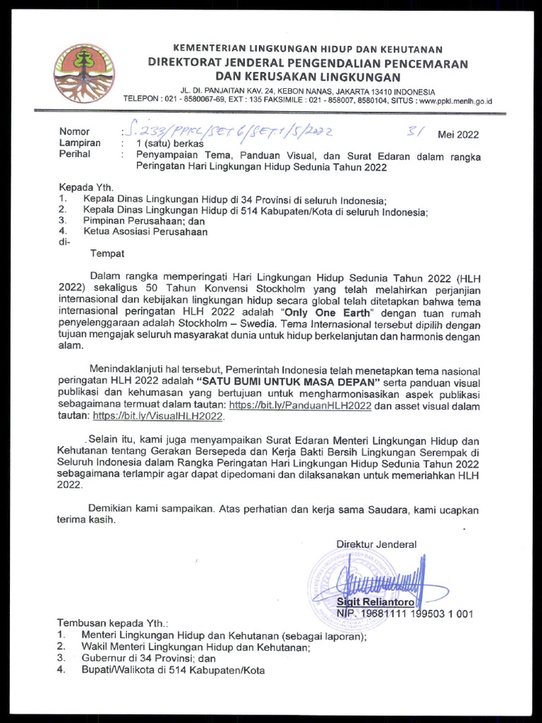 Surat Dirjen PPKL Tentang HLH 2022 | PDF