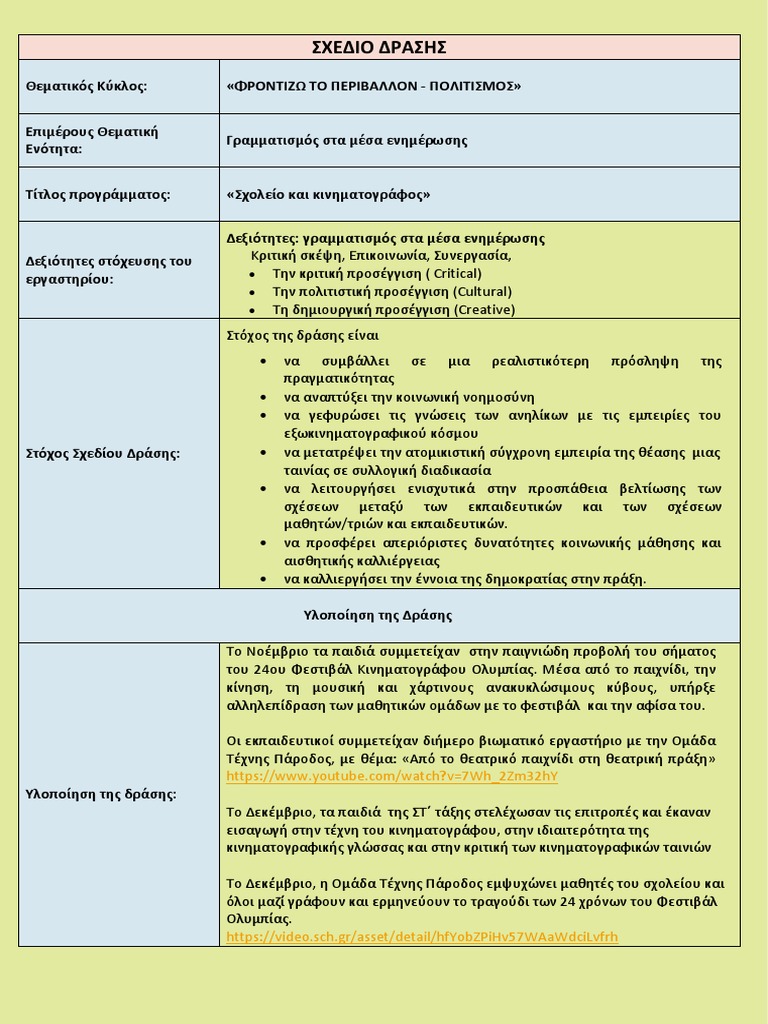 ΣΧΕΔΙΟ ΔΡΑΣΗΣ - «Σχολείο και κινηματογράφος» | PDF