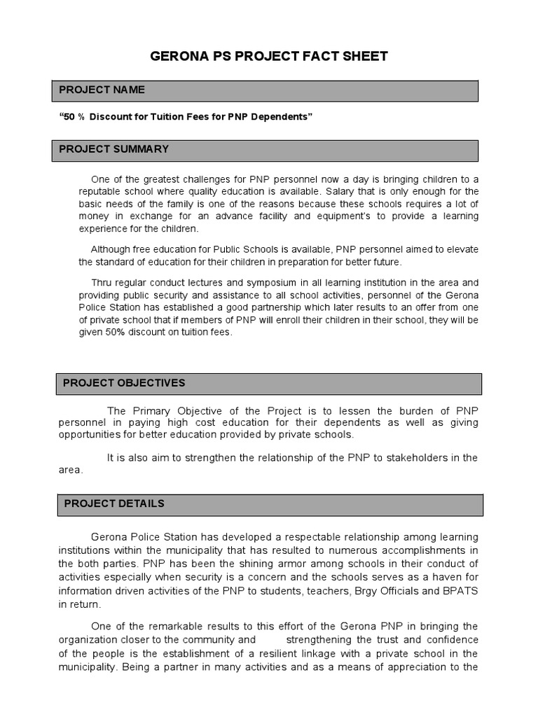 Project Fact Sheet On 50% Discount On Tuition Fees of PNP Dependents ...