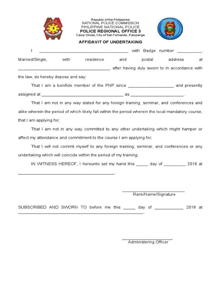 PNP Affidavit of Undertaking Template | PDF