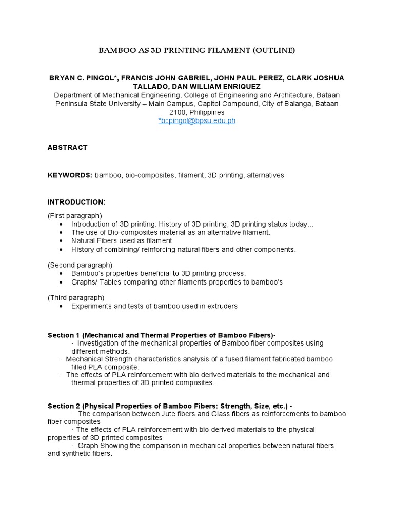 Bamboo As 3d Printing Filament (Outline) | PDF | Fibers | Composite ...