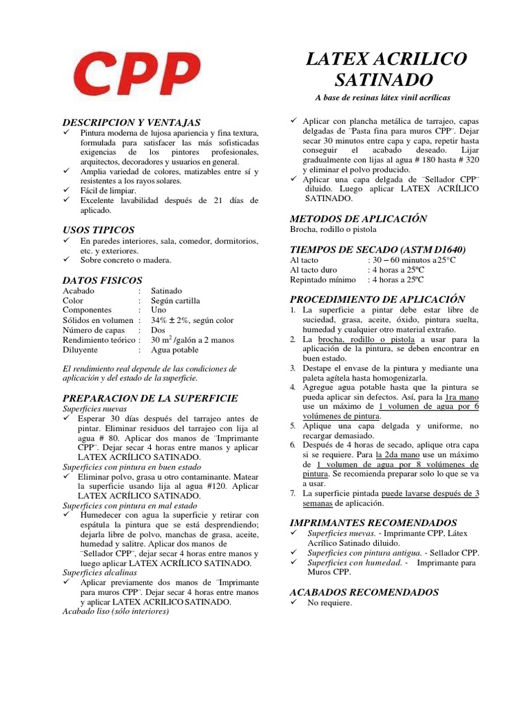 Pinturas CPP Latex Satinado Ficha Tecnica | PDF | Pintar | Química