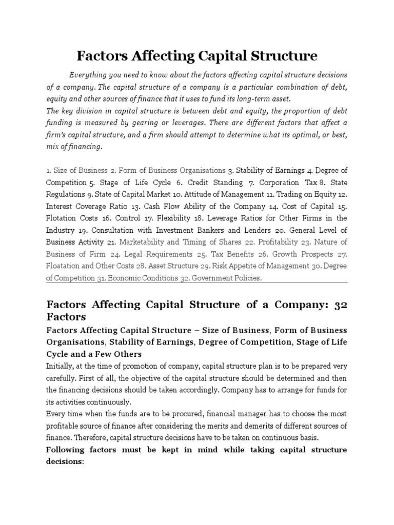 Factors Affecting Capital Structure | PDF | Capital Structure | Cost Of ...