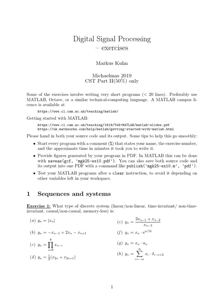 Digital Signal Processing - Exercises: 1 Sequences and Systems | PDF | Sampling (Signal ...