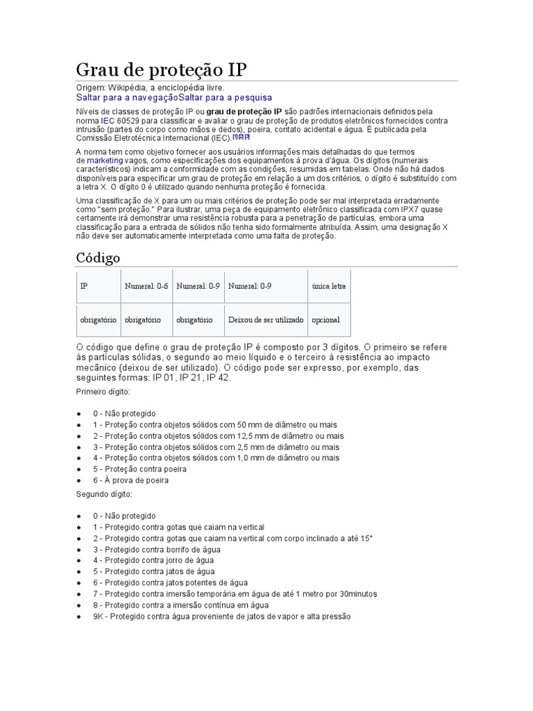 Grau de Proteção IP para Equipamentos Eletrônicos | PDF