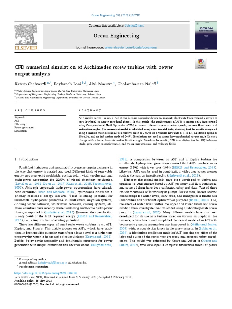 CFD Numerical Simulation of Archimedes Screw Turbine With Power Output Analysis | PDF ...