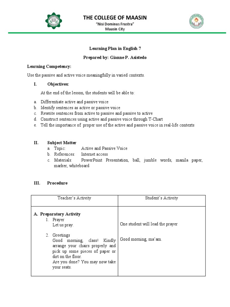 Lesson Plan: Active & Passive Voice | PDF | Subject (Grammar) | Verb