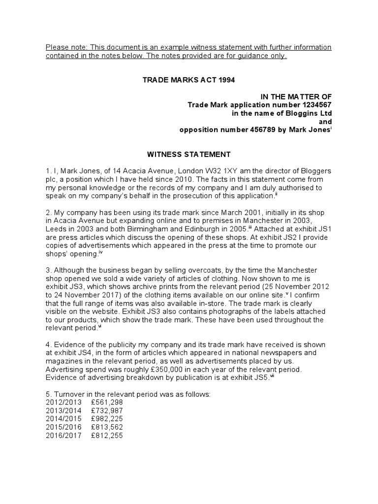 Example Witness Statement | PDF | Trademark | Witness