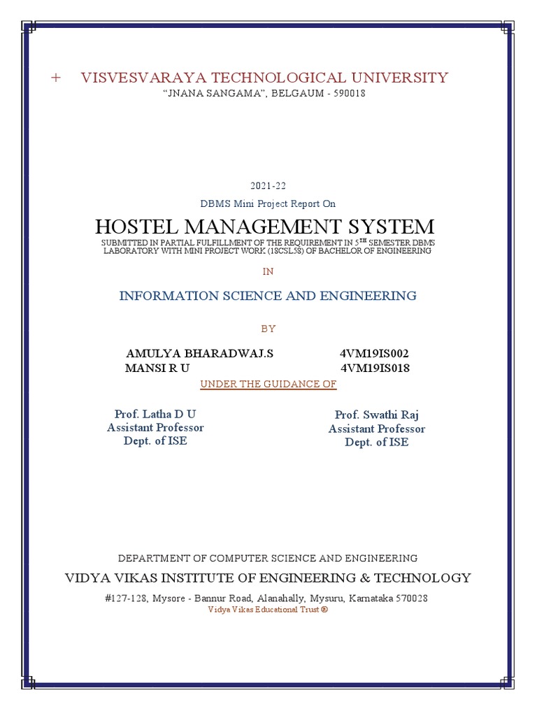 Hostel Management System: + Visvesvaraya Technological University | PDF | Databases | Php