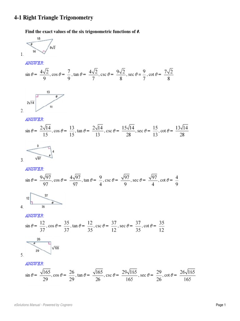 4-1 Right Triangle Trigonometry: Esolutions Manual - Powered by Cognero ...