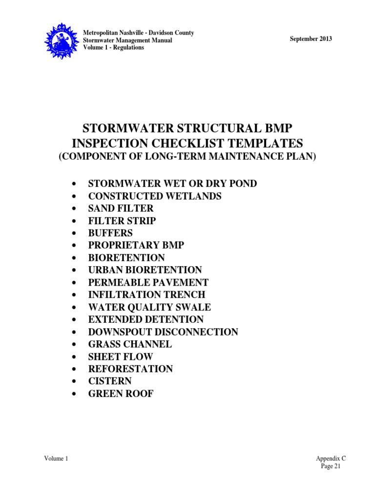 Stormwater Structural BMP Inspection Checklist Templates: (Component of ...