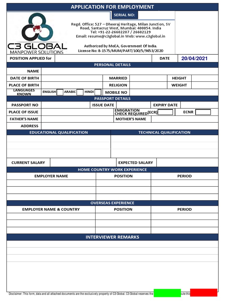 C3 Global Application Form Fillable | PDF