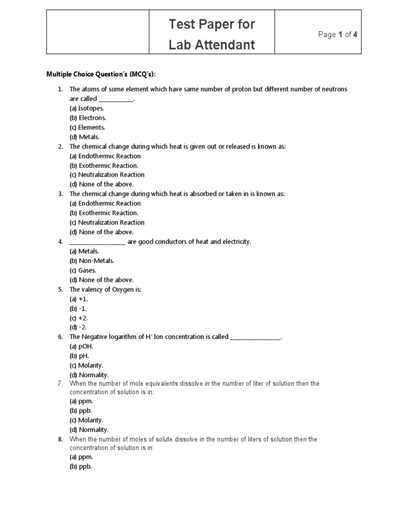 Lab Attendant Exam Question Paper | PDF | Chemical Compounds | Chemical ...