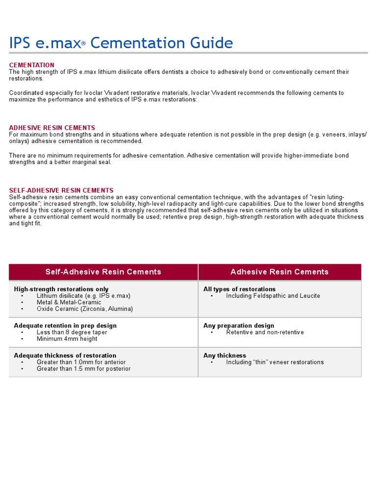 IPS E.max Cementation Guide: Self-Adhesive Resin Cements Adhesive Resin ...