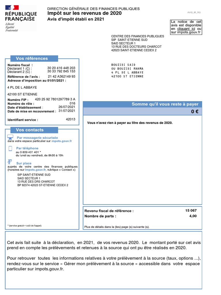 Avis D Impot 2021 Sur Les Revenus 2020 | PDF | Impôt sur le revenu | Revenus