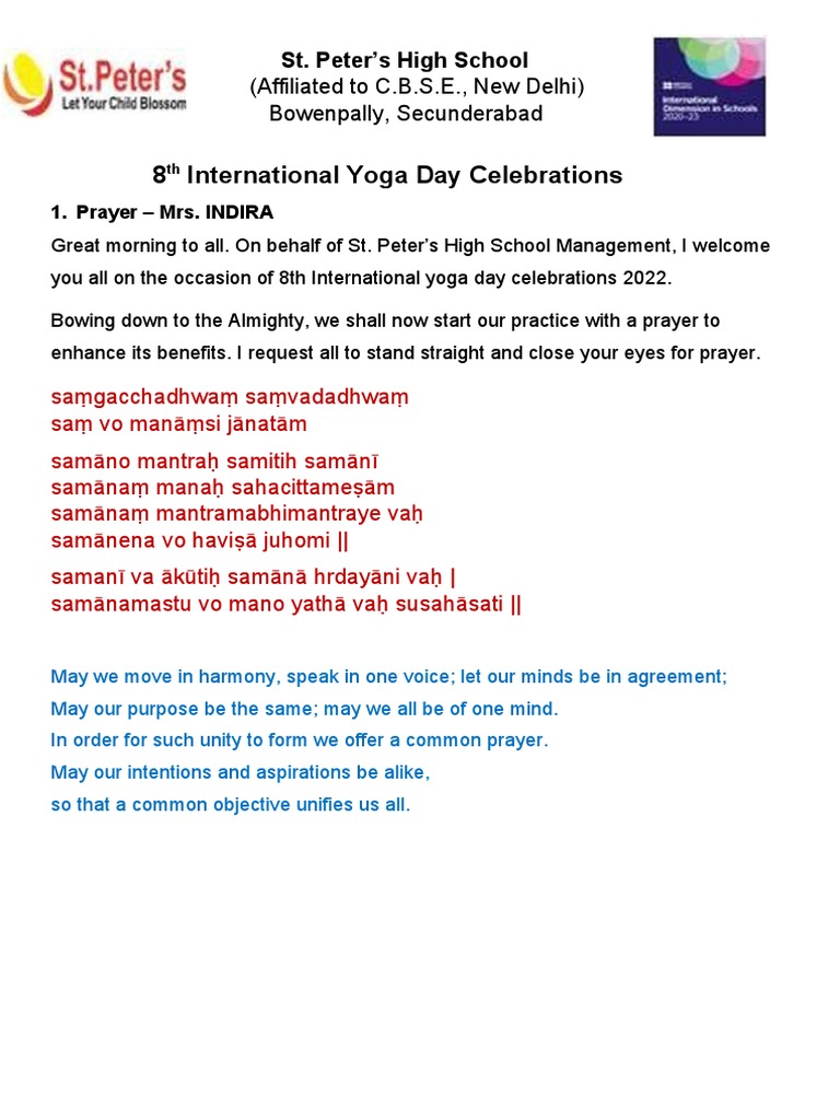 Sphs International Yoga Day Compering Script | PDF | Breathing | Asana