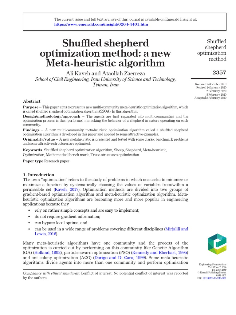 Shuffled Shepherd Optimization Method: A New Meta-Heuristic Algorithm | PDF | Metaheuristic ...