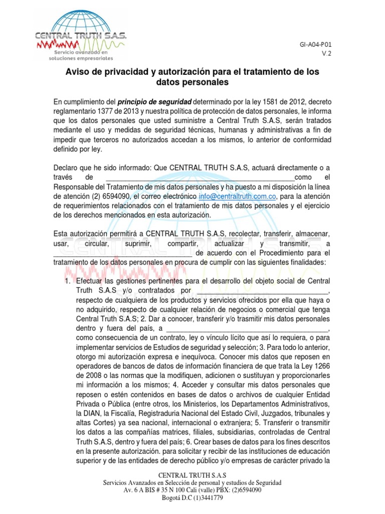Formato 1 Aviso de Privacidad y Autorización Para El Tratamiento de Los ...
