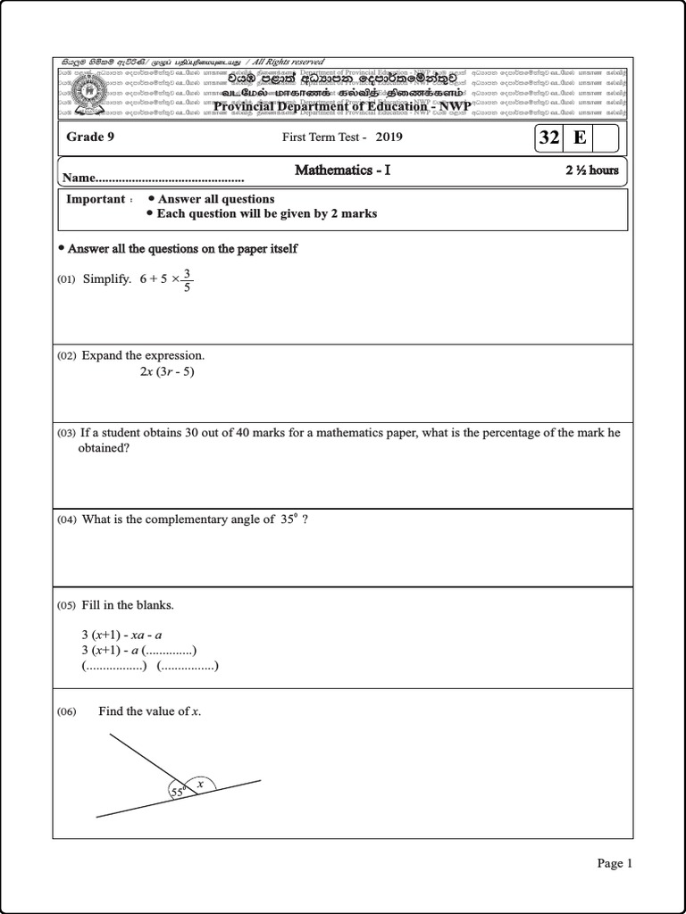 Grade 09 Mathematics 1st Term Test Paper 2019 English Medium - North ...