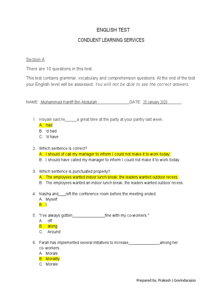 English Test Conduent Learning Services: NAME: Muhammad Haniff Bin ...