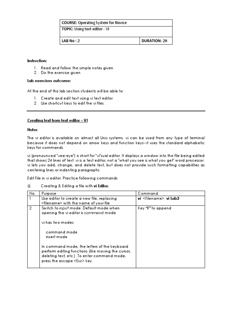 COURSE: Operating System For Novice TOPIC: Using Text Editor - VI Lab No: 2 Duration: 2H | PDF ...