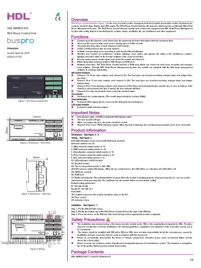 HDL-MHRCU.433 RCU Room Control Unit: Datasheet | PDF | Switch | Relay