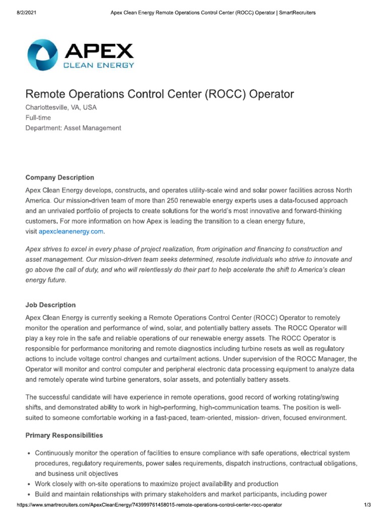 Z Remote Operations Control Center (ROCC) Operator Apex | PDF