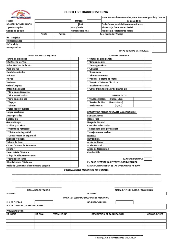 Check List Cisterna de Agua | PDF | Industria automotriz | Vehículos