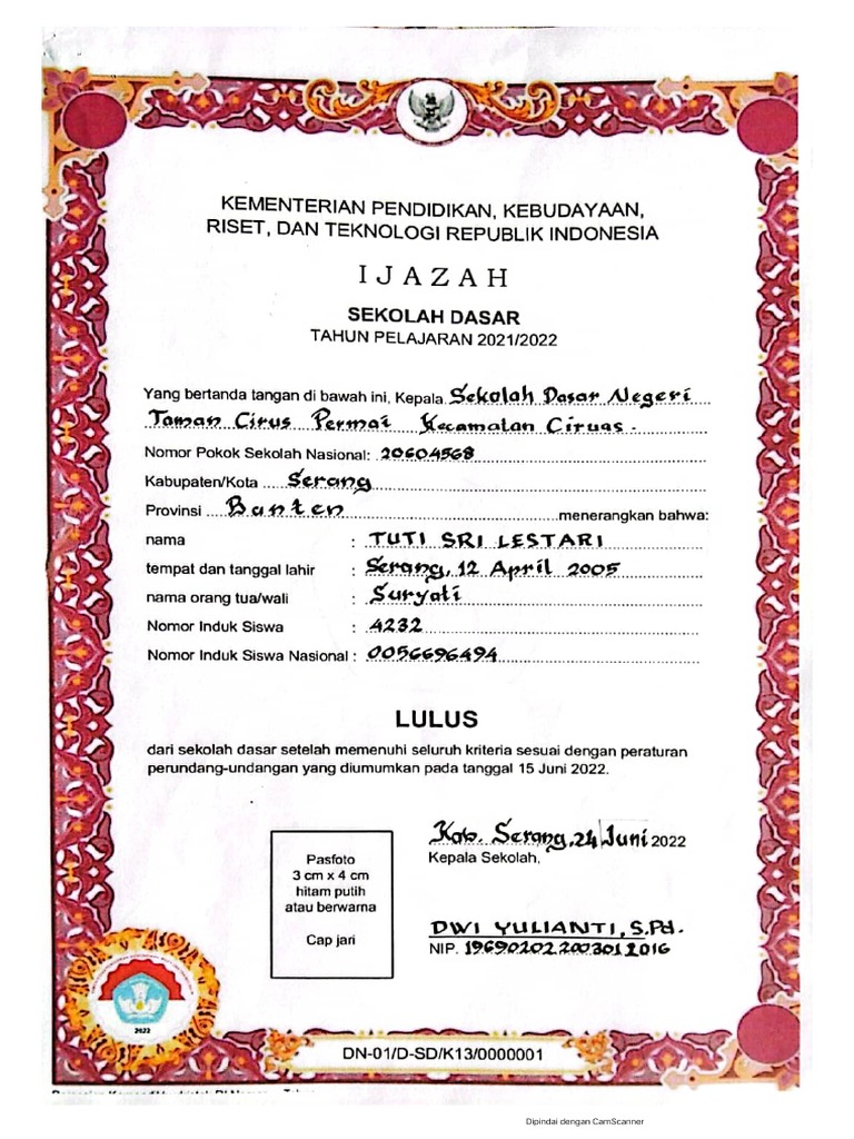 Contoh Penulisan Ijazah SD | PDF