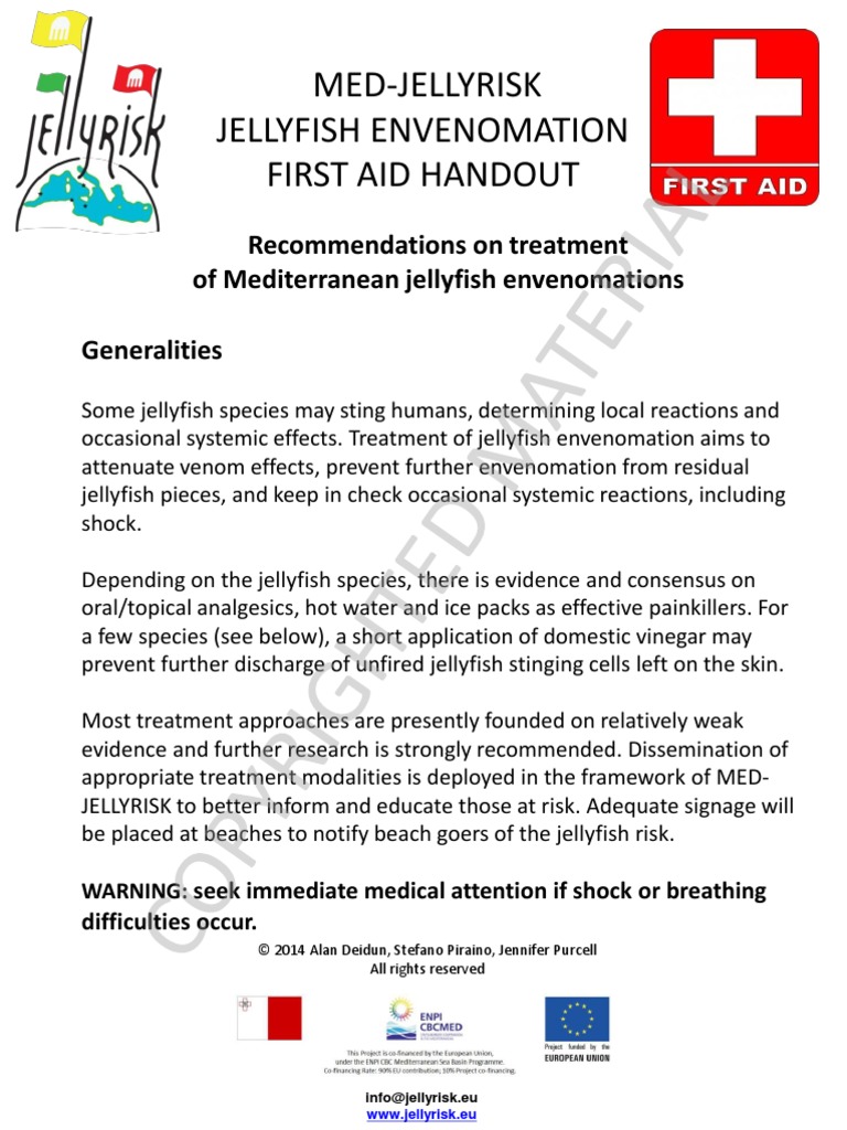 Med-Jellyrisk Jellyfish Envenomation First Aid Handout | PDF