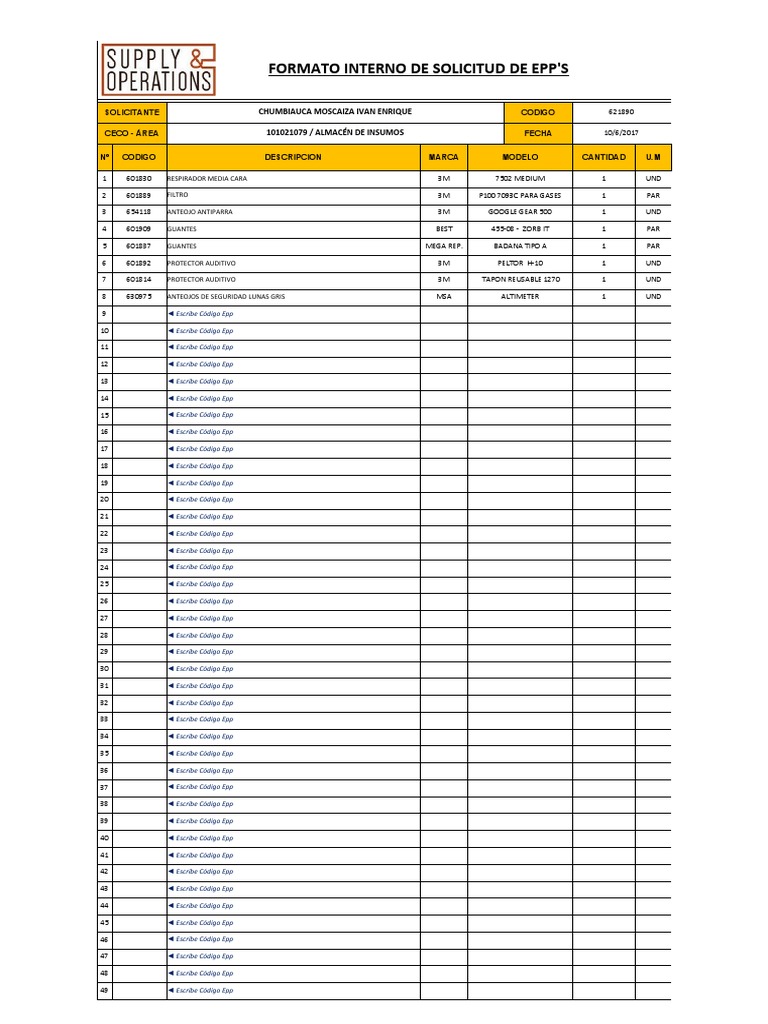 Formato Interno de Solicitud de Epp 06-10-2017 - Richard Kare Capcha (Perdida de Epps) | PDF