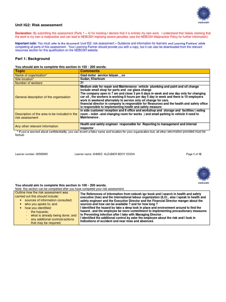 Unit IG2: Risk Assessment: Declaration: by Submitting This Assessment ...