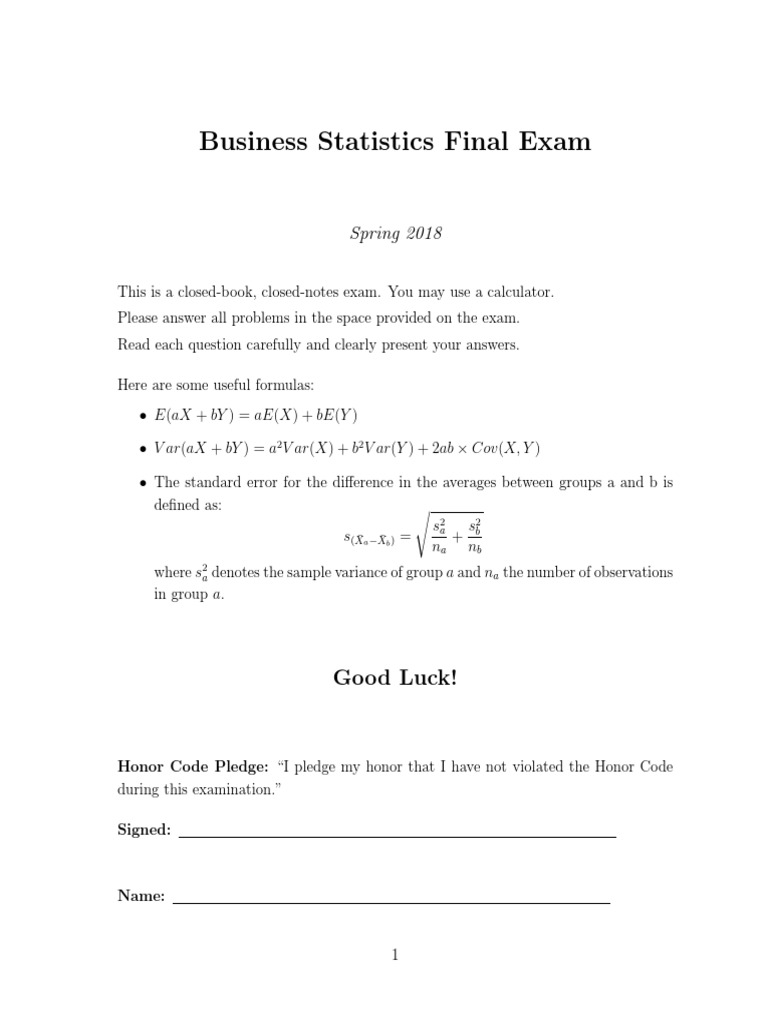 Business Statistics Final Exam Example | PDF | Errors And Residuals ...
