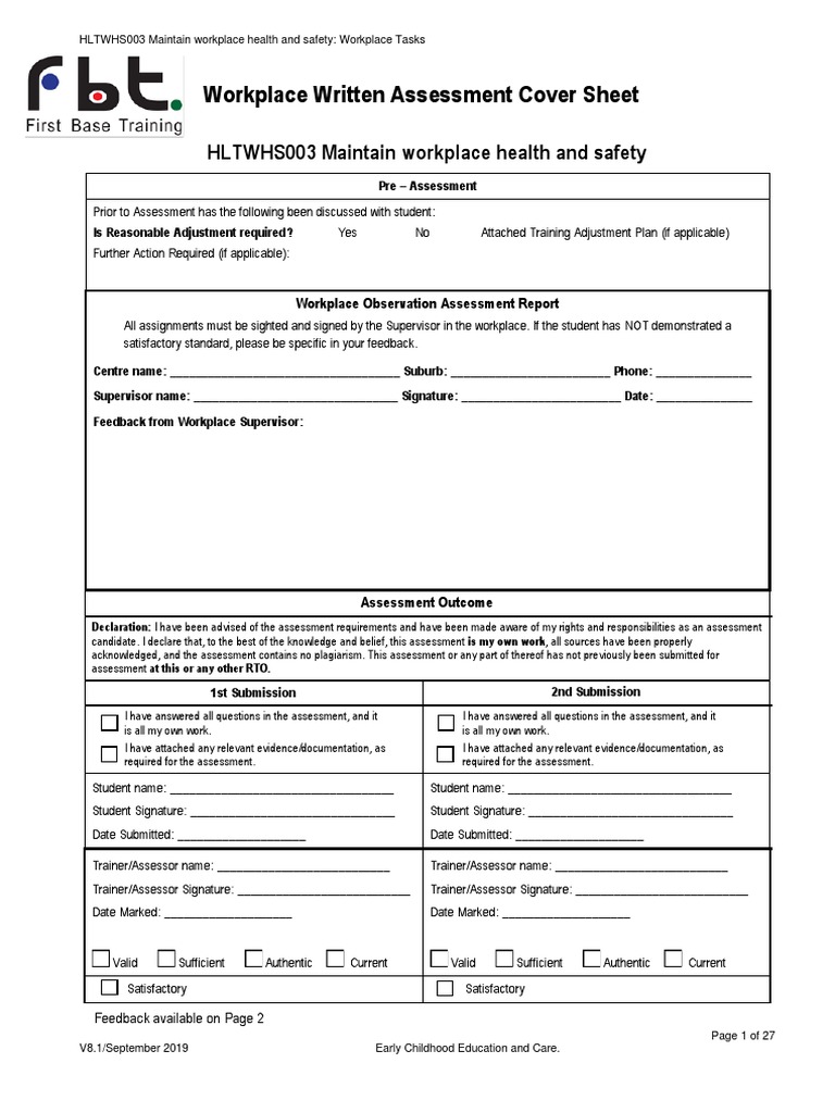 Workplace Written Assessment Cover Sheet: HLTWHS003 Maintain Workplace ...