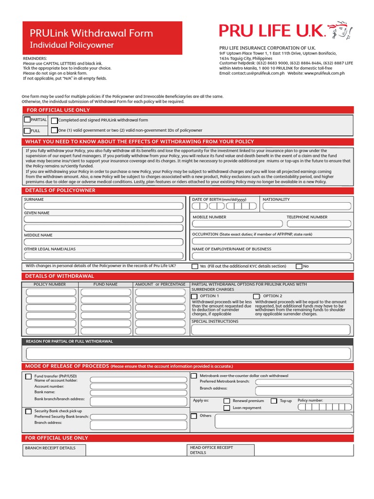 Prulink Withdrawal Form: Individual Policyowner | PDF | Insurance ...