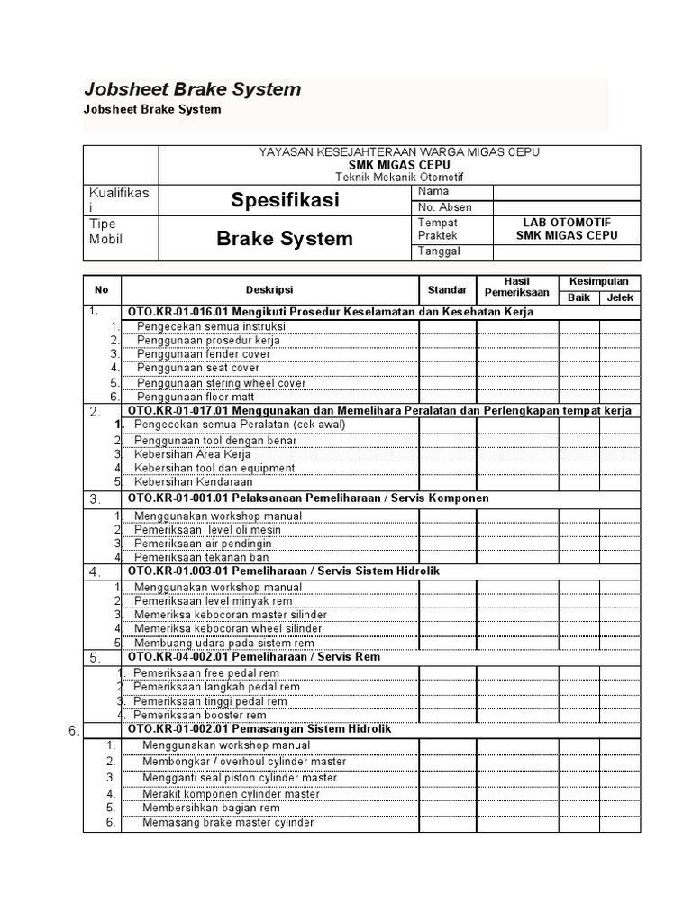 Jobsheet Pemeliharaan Sistem Rem | PDF