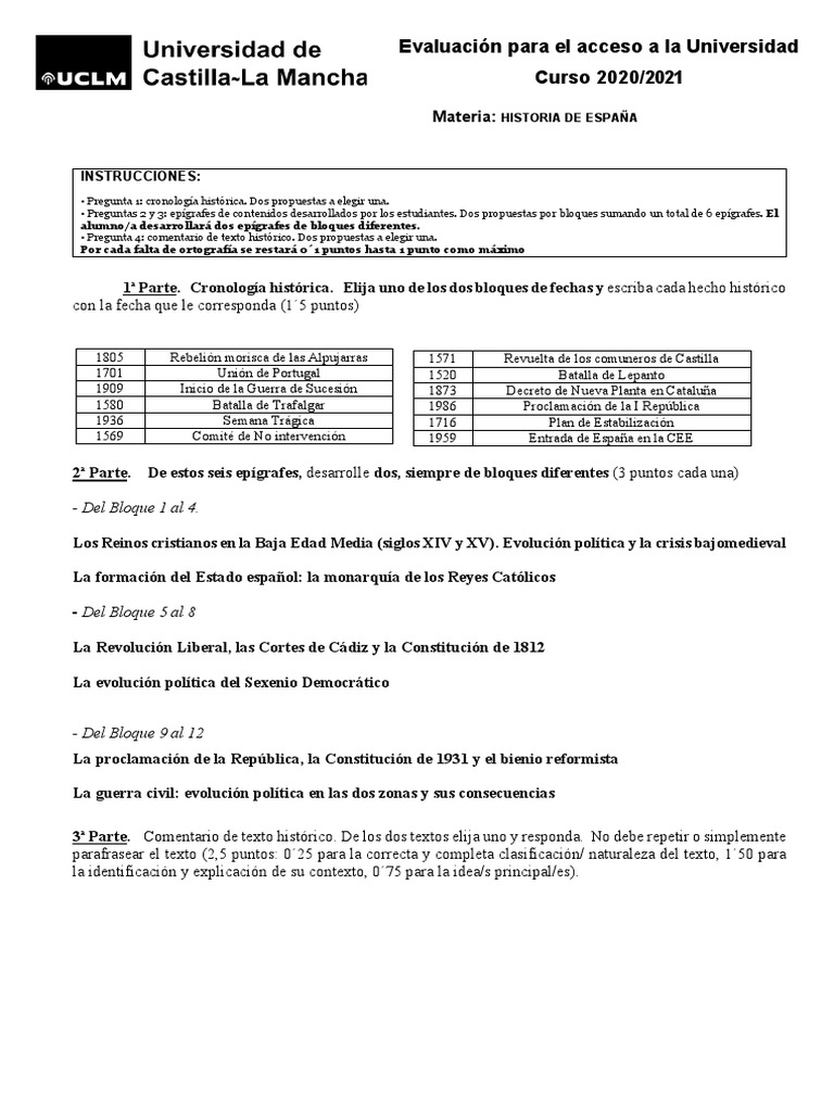 Examen Historia de España de Castilla-La Mancha (Ordinaria de 2021 ...