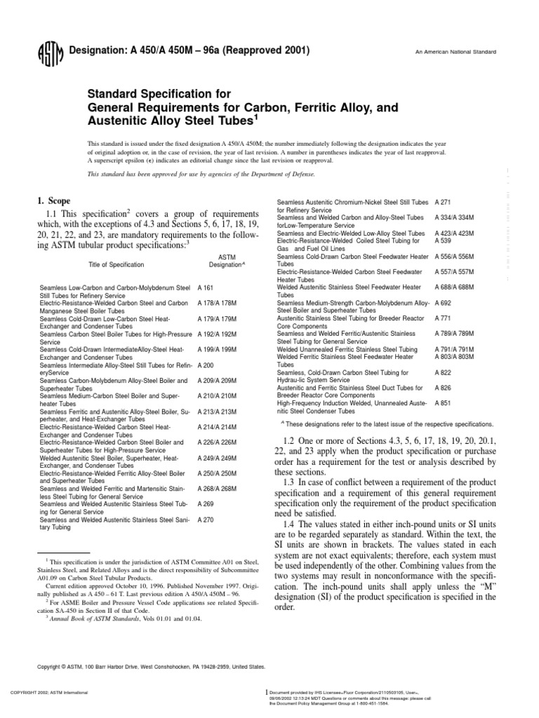 ASTM A450 (Tubes General) | PDF | Pipe (Fluid Conveyance) | Steel