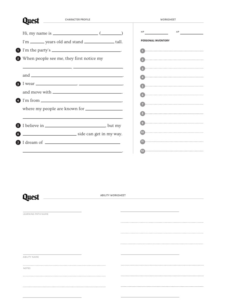 Quest Character Profile and Worksheets | PDF