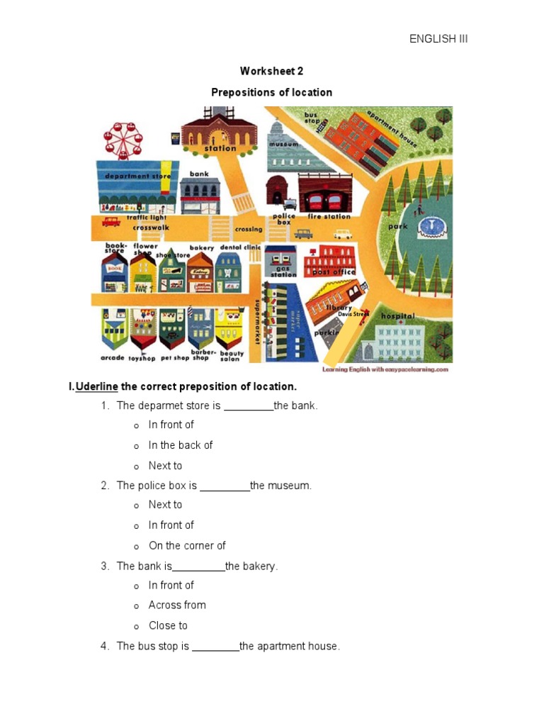 Worksheet 2 Prepositions of Location: Davis Street | PDF