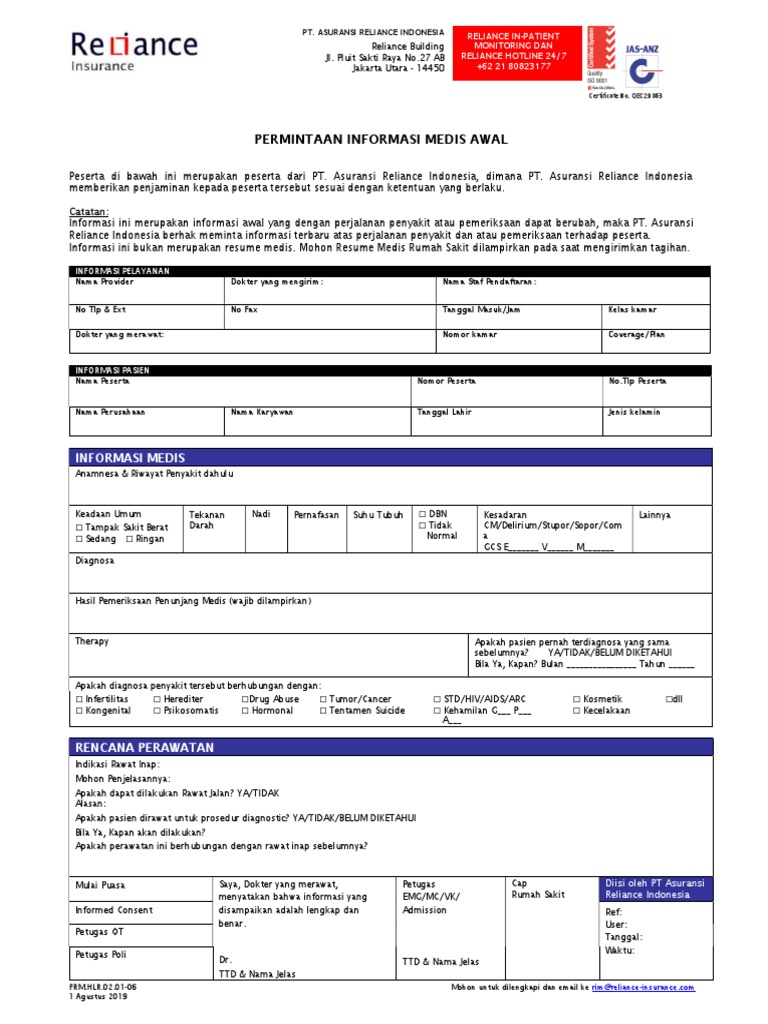 FRM - hlr.02.01-06 Permintaan Informasi Medis Awal | PDF
