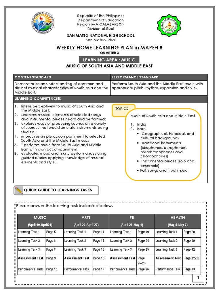 Weekly Home Learning Plan in Mapeh 8: Music of South Asia and Middle ...