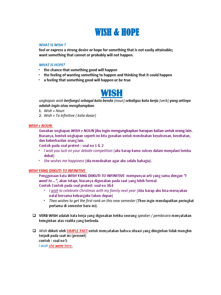 English Handout & Pretest Wish Hope | PDF