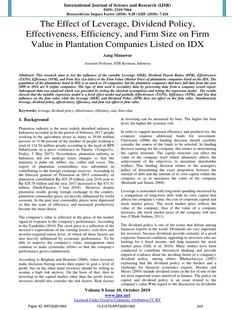Munawar 2018 The Effect of Leverage, Dividend Policy, Effectiveness, Efficiency, and Firm Size ...