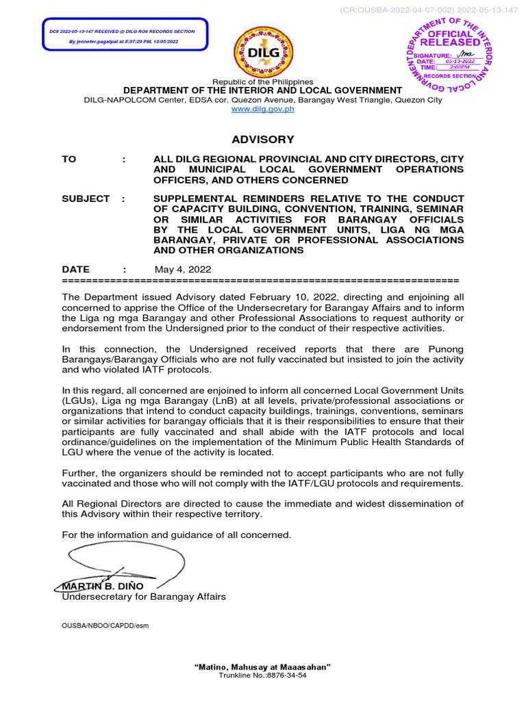 Advisory Additional Reminders Trainings and Seminars Barangay Officials ...