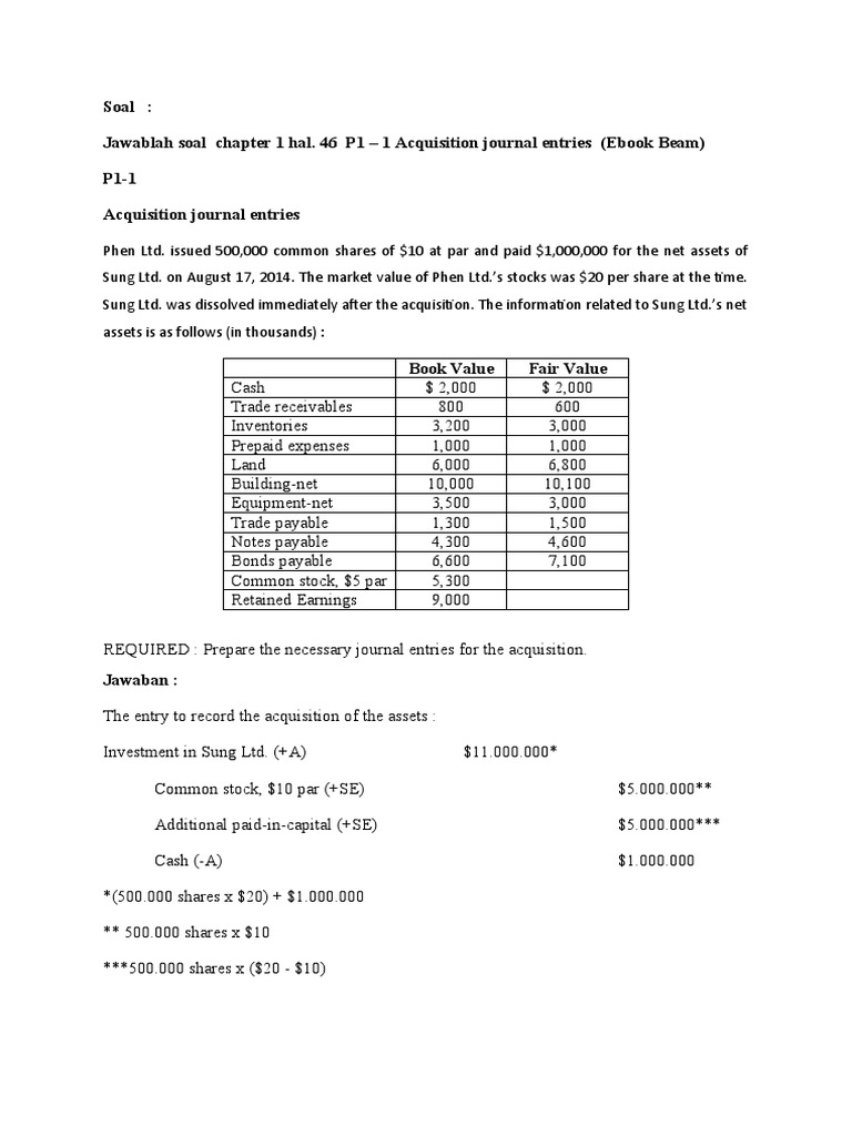Soal Chapter 1 Hal. 46 P1 - 1 Acquisition Journal Entries (Ebook Beam ...