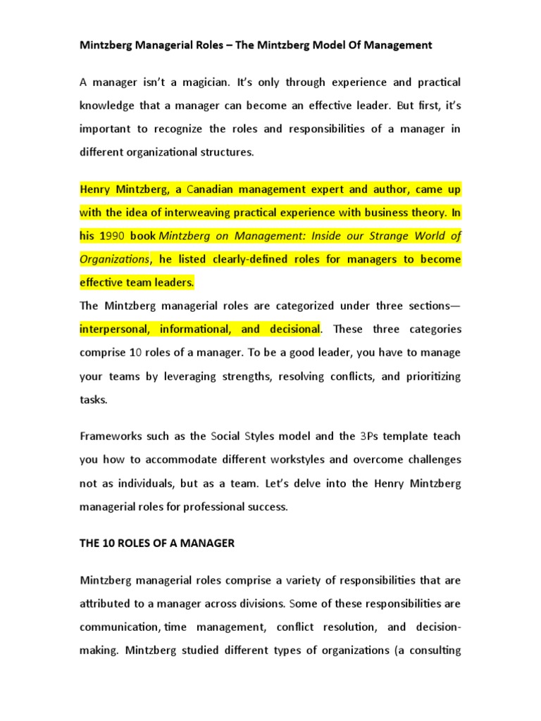 Mintzberg Managerial Roles - The Mintzberg Model of Management | PDF ...