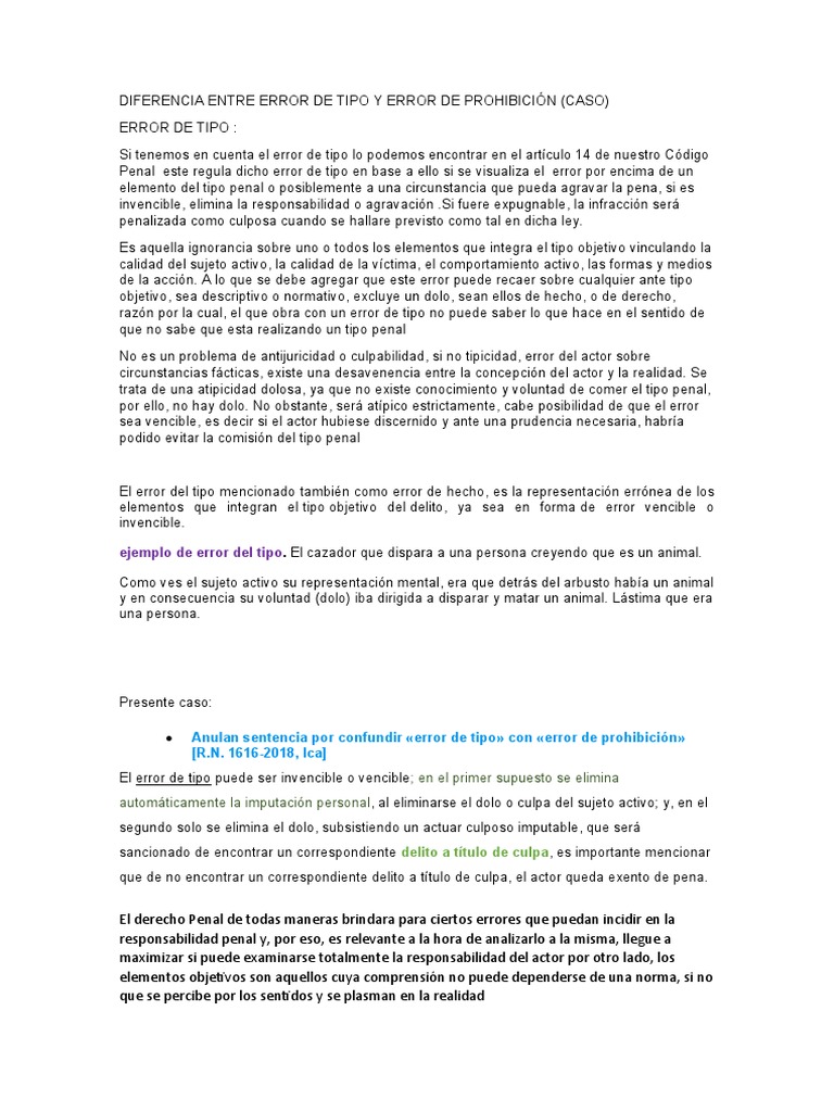 Diferencia Entre Error de Tipo y Error de Prohibición Ta Ii Derecho ...