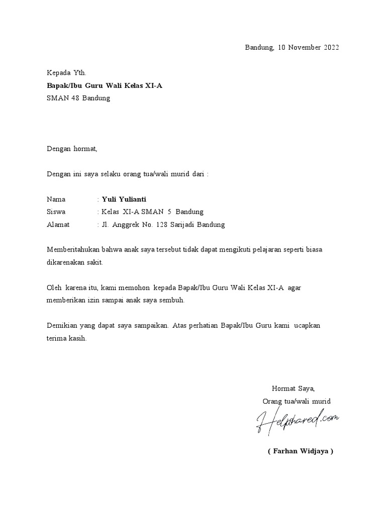 Contoh Surat Izin Sekolah | PDF